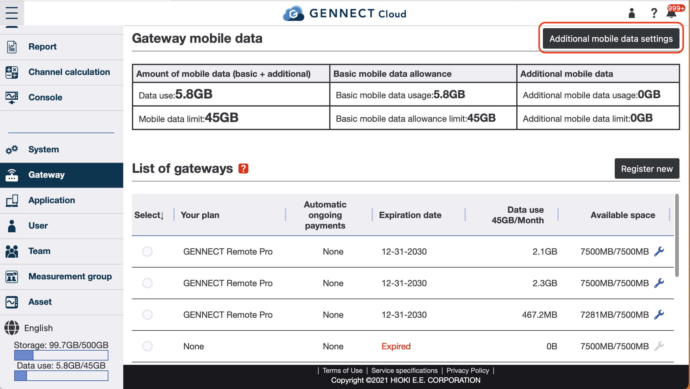 Set the amount of additional gateway traffic | GENNECT Cloud